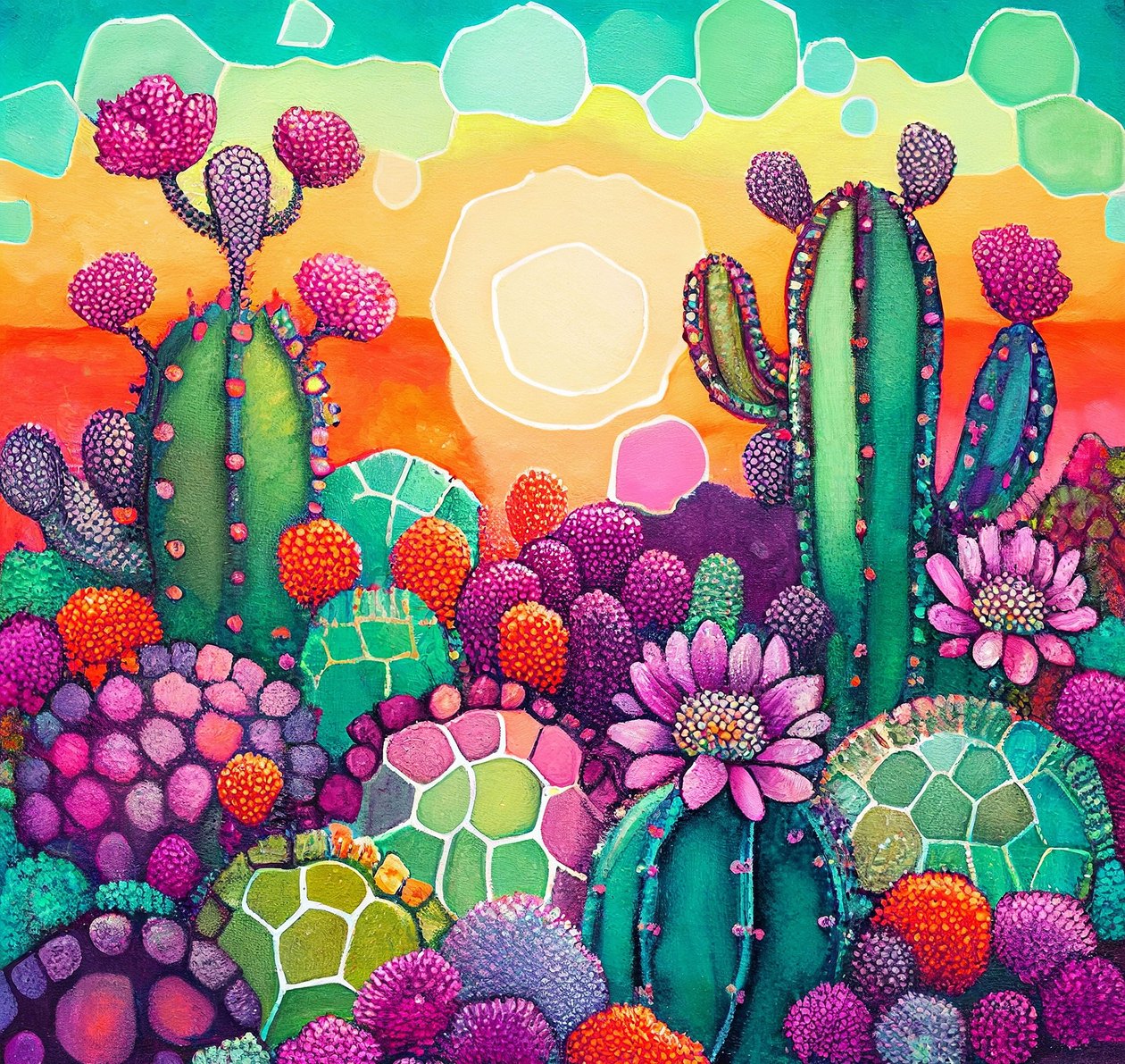 Desert Bloom: colorful abstract Painting of Sunset on Cactus Plateaus
