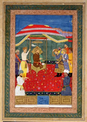 The Mughal Emperor Babur (1526-30) sitting on a throne receiving a ...