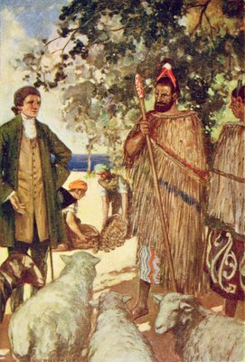 Captain Cook presents the natives with some sheep and goats ...