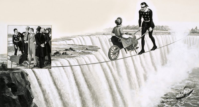 Blondin Pushes a Wheelbarrow Across a Tightrope Over Niagara Falls