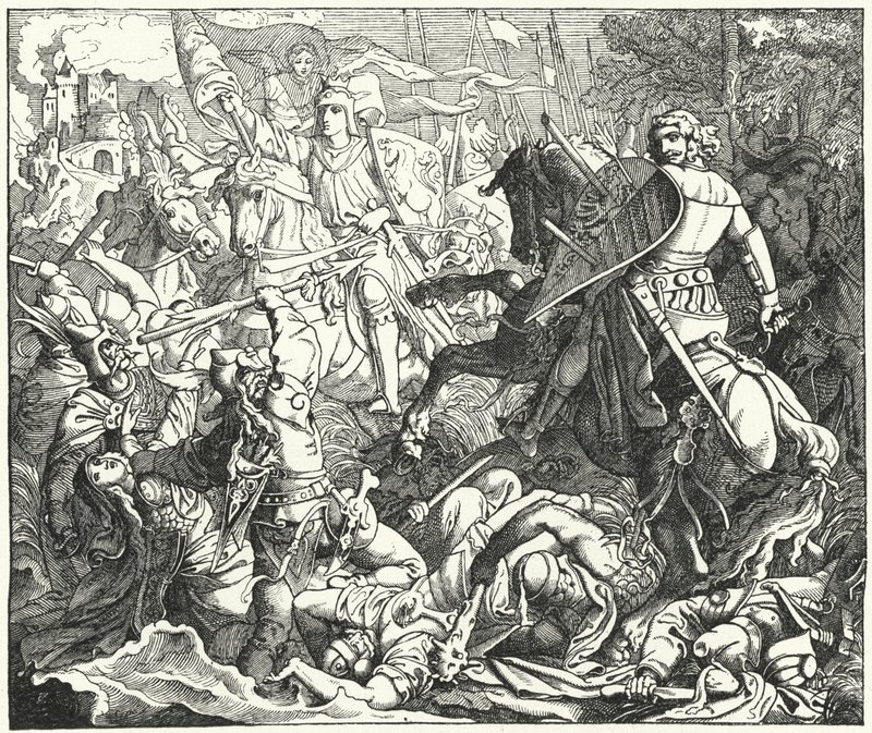 Otto I of Germany defeating the Magyars at the Battle of Lechfeld, 955
