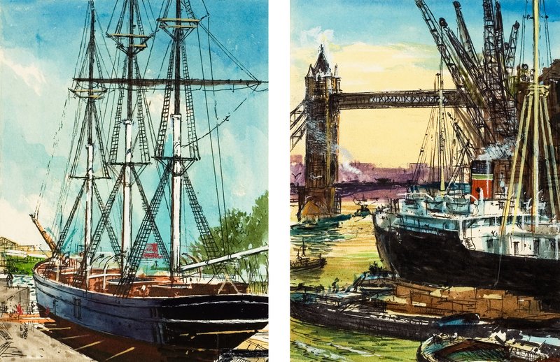 A Tall Ship in the Lower Reaches of the Thames and a Steam-driven Cargo ...