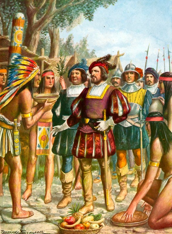 Spaniards Being Welcomed by an Indian Chief Who Offers Them Cakes ...
